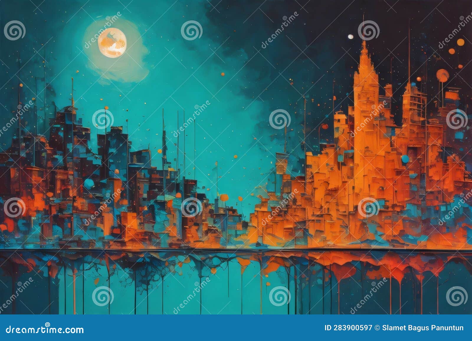 Cityscape Under Moonlight in Abstract Impressionist Style Stock ...