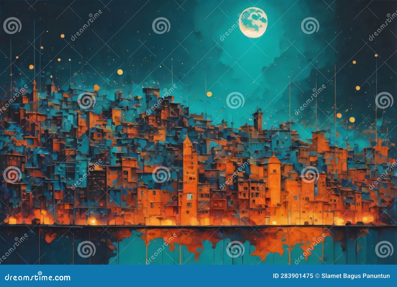 Cityscape Under Moonlight in Abstract Impressionist Style Stock ...