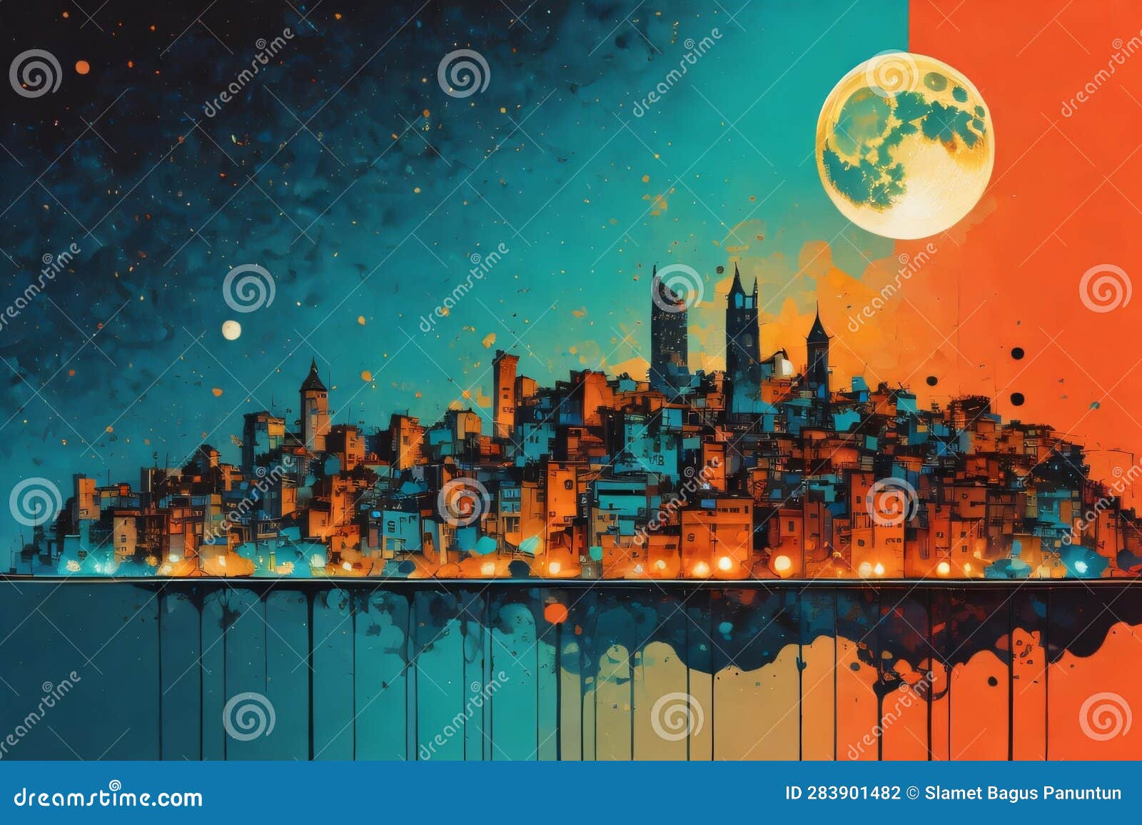 Cityscape Under Moonlight in Abstract Impressionist Style Stock ...
