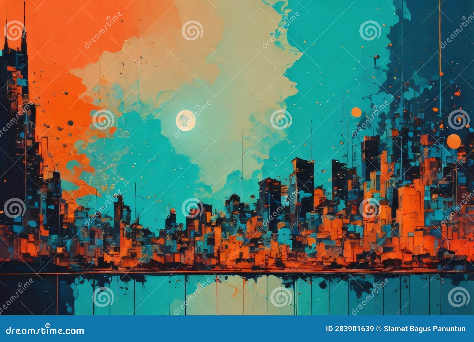 Cityscape Under Moonlight in Abstract Impressionist Style Stock ...