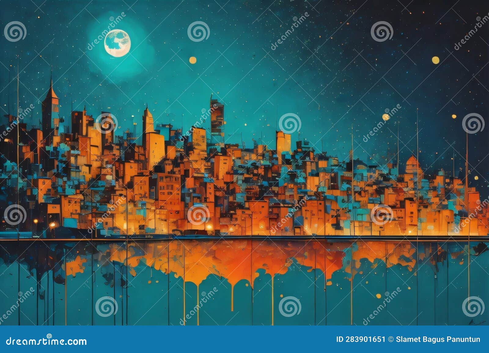 Cityscape Under Moonlight in Abstract Impressionist Style Stock ...
