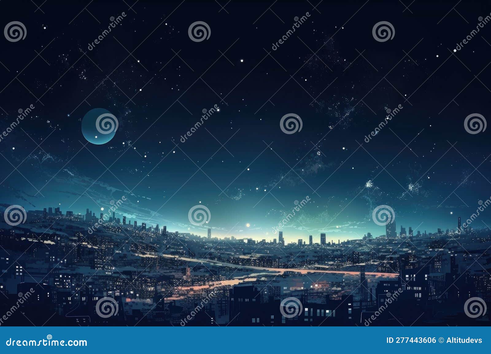 Cityscape, with View of the Starry Night Sky and Distant Planets Stock ...