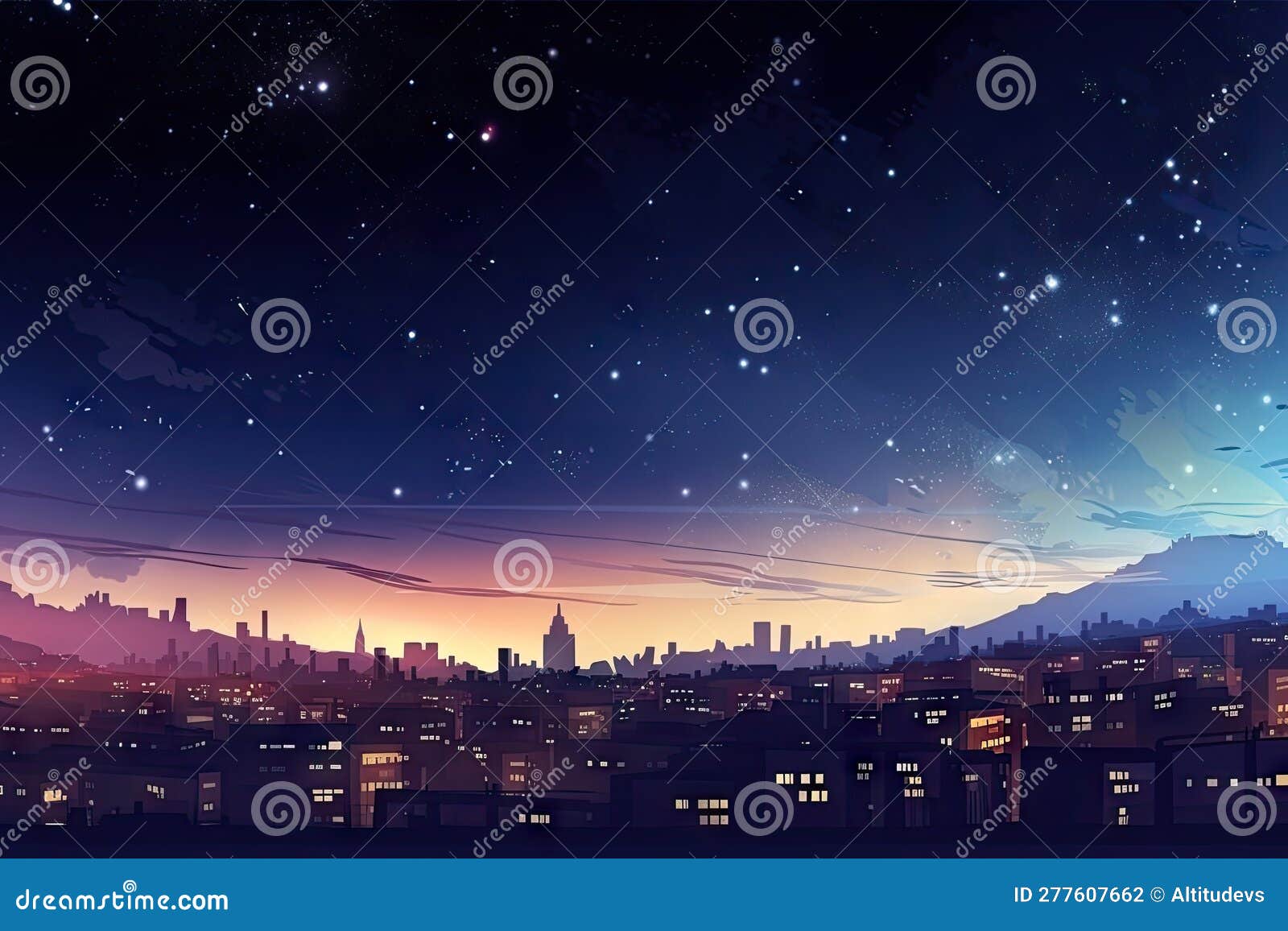 Cityscape, with View of the Starry Night Sky and Distant Planets Stock ...