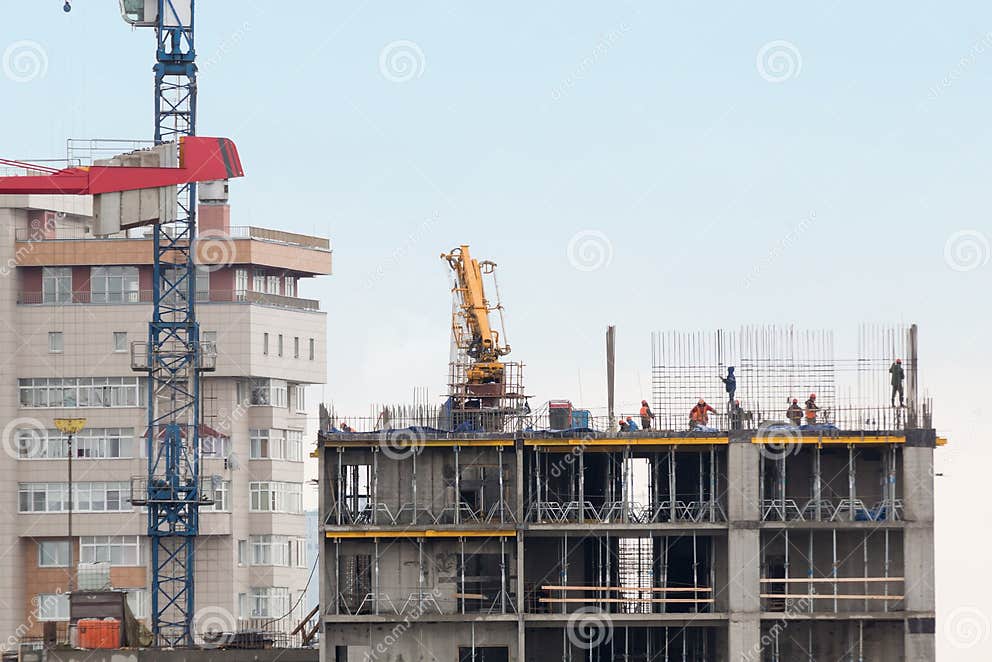 Cityscape with Workers and Incomplete Building at Stock Photo - Image ...