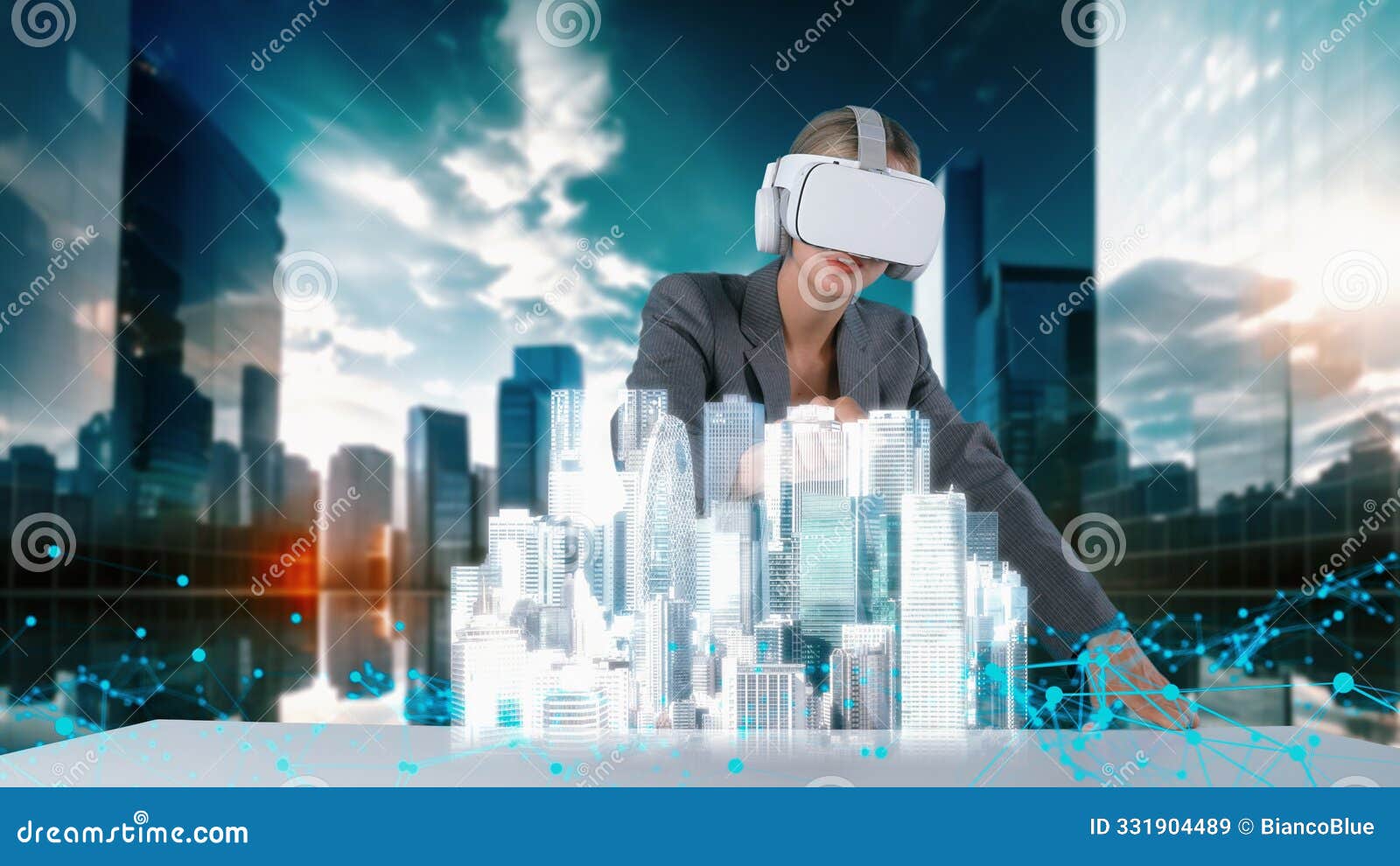 Civil Engineer Analyzing Tower Skyscraper Hologram Graphic Via VR ...