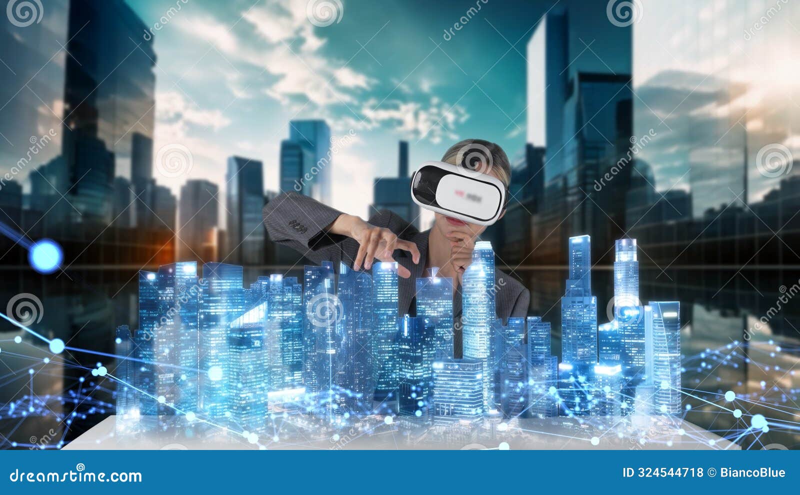 Civil Engineer Analyzing Tower Skyscraper Hologram Graphic Via VR ...