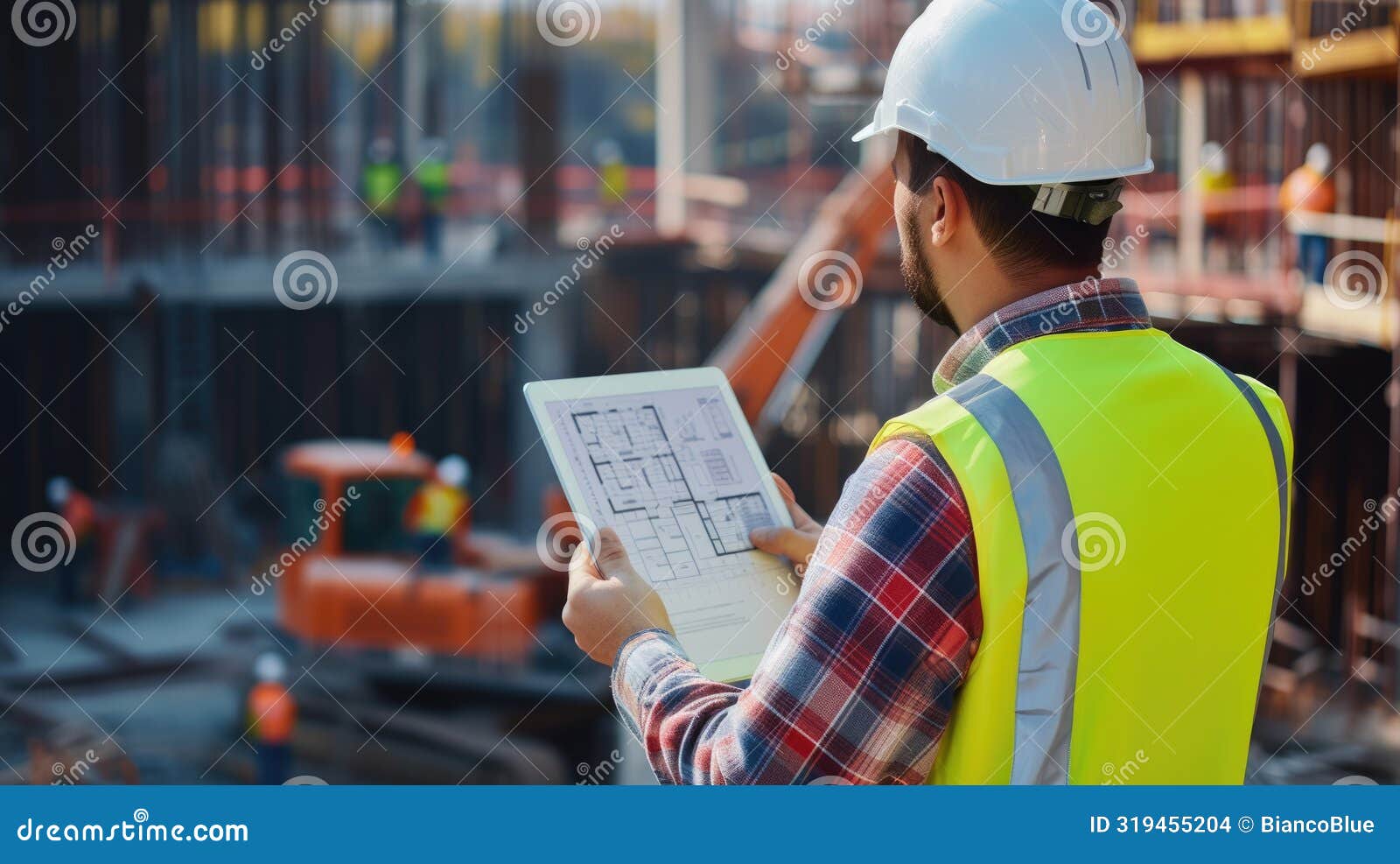 Civil Engineer Checking Blueprint while Standing at Construction Site ...