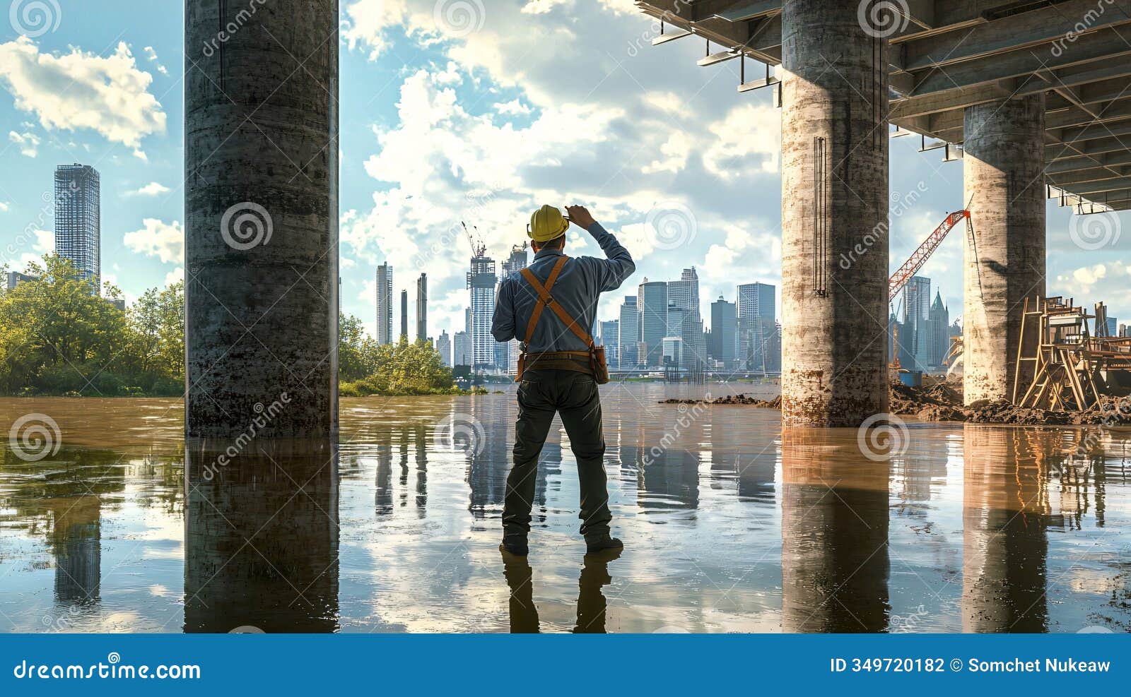 Civil Engineer Conducts Detailed Inspection of Riverfront Construction ...