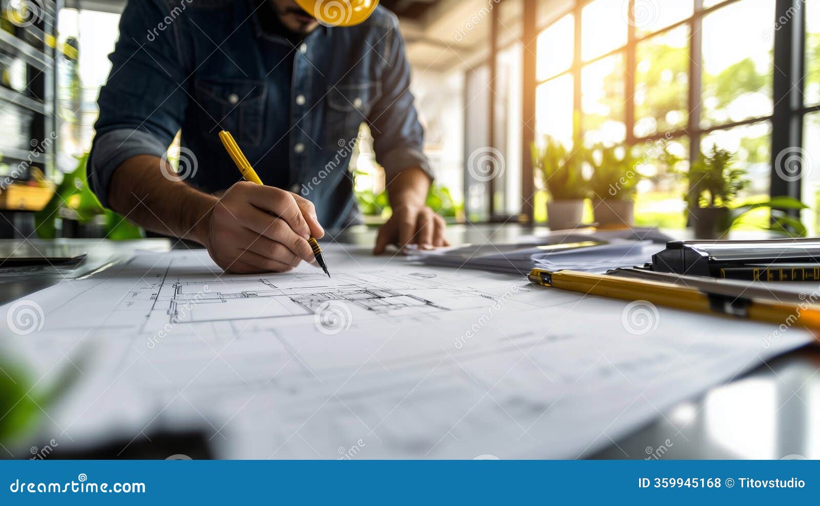Civil Engineer Controls Technical Aspects According To Drawings. Real ...