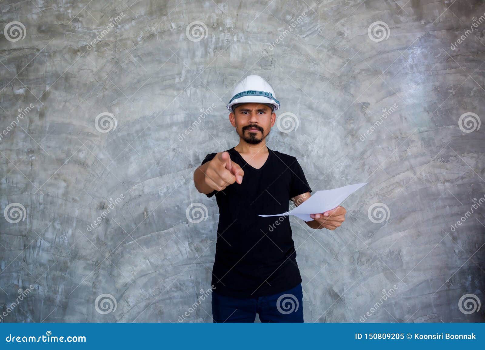 Civil Engineer or Foreman Holding White Paper and Pointing with Space ...