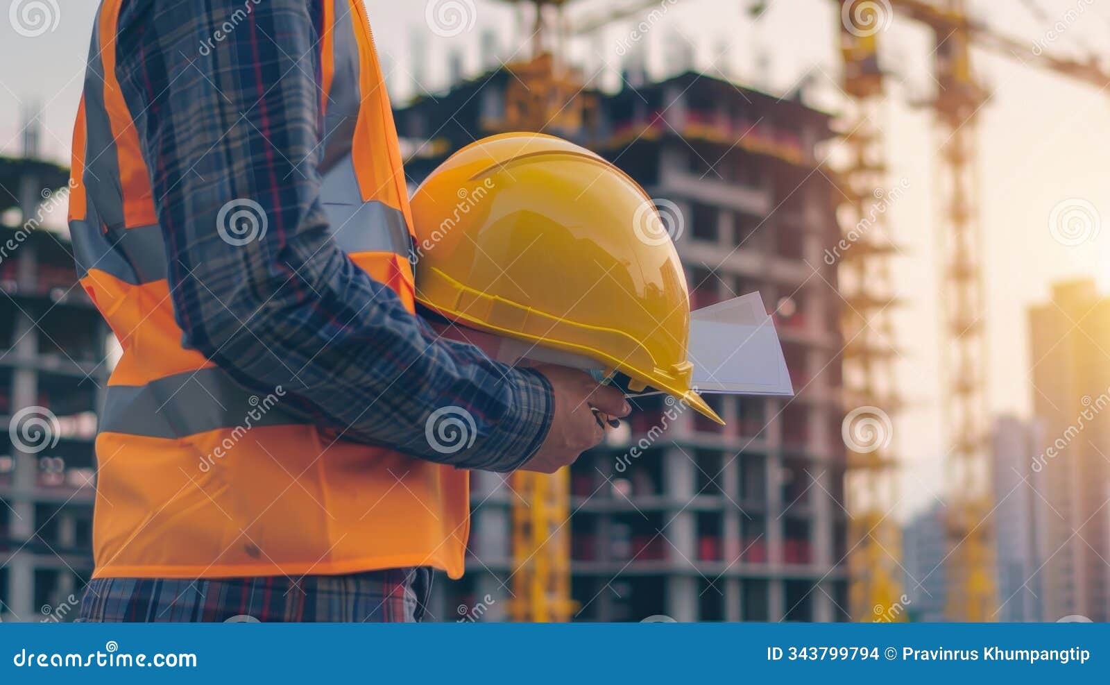 Civil Engineer Holding Helmet and Working Checklist Construction with ...