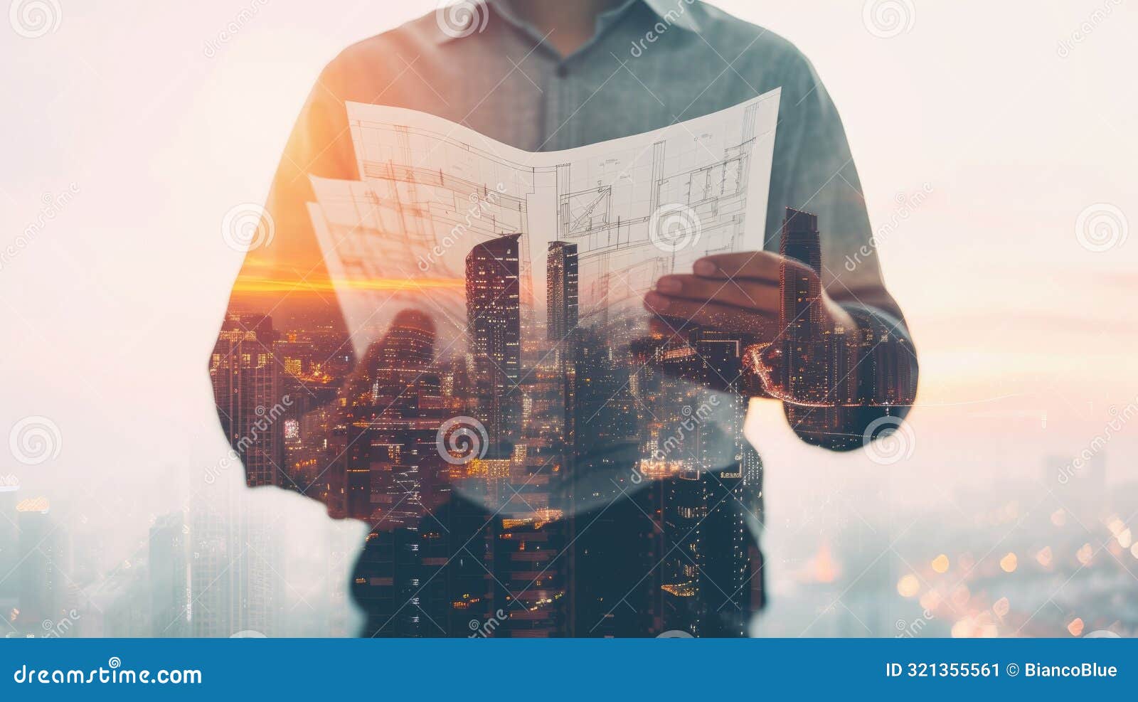 Civil Engineer Holding Project Plan with Double Exposure with Building ...