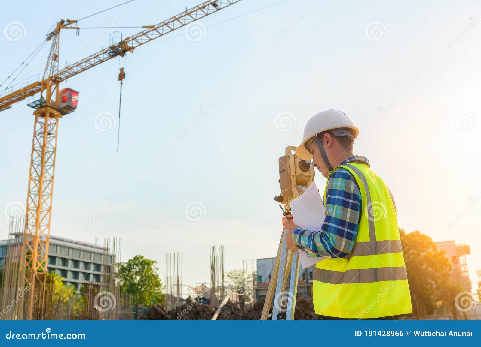 Civil Engineer Inspects Work Using Radio Communication with the ...