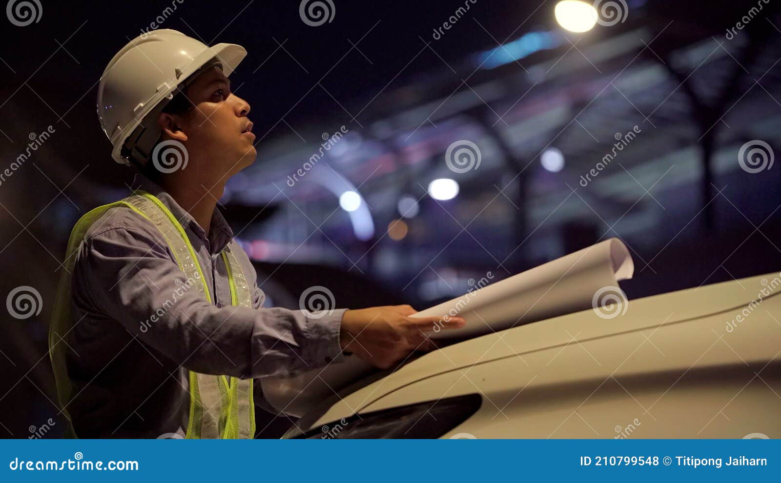 Civil Engineer Work Inspecting Architect Drawing on Construction Site ...