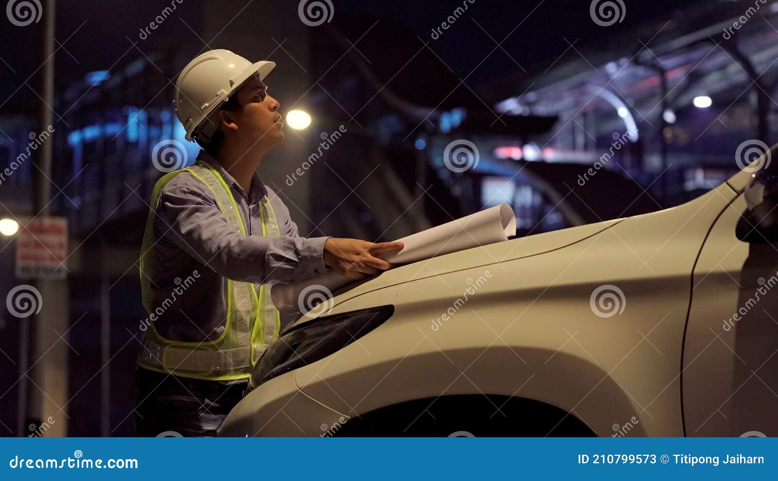 Civil Engineer Work Inspecting Architect Drawing on Construction Site ...