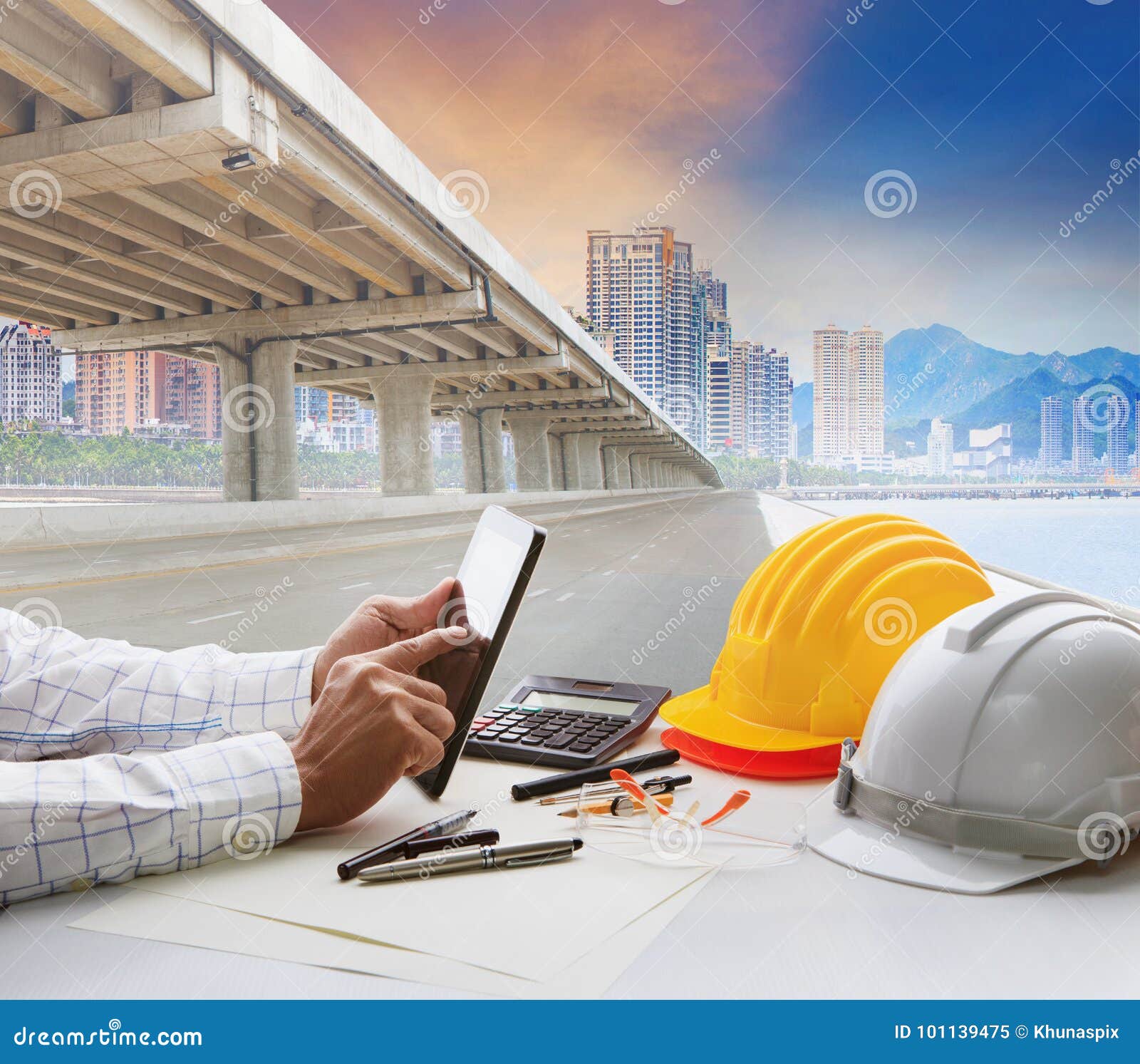 Civil Engineer Holding Portable Radio, Blueprint At Refinery Plant ...
