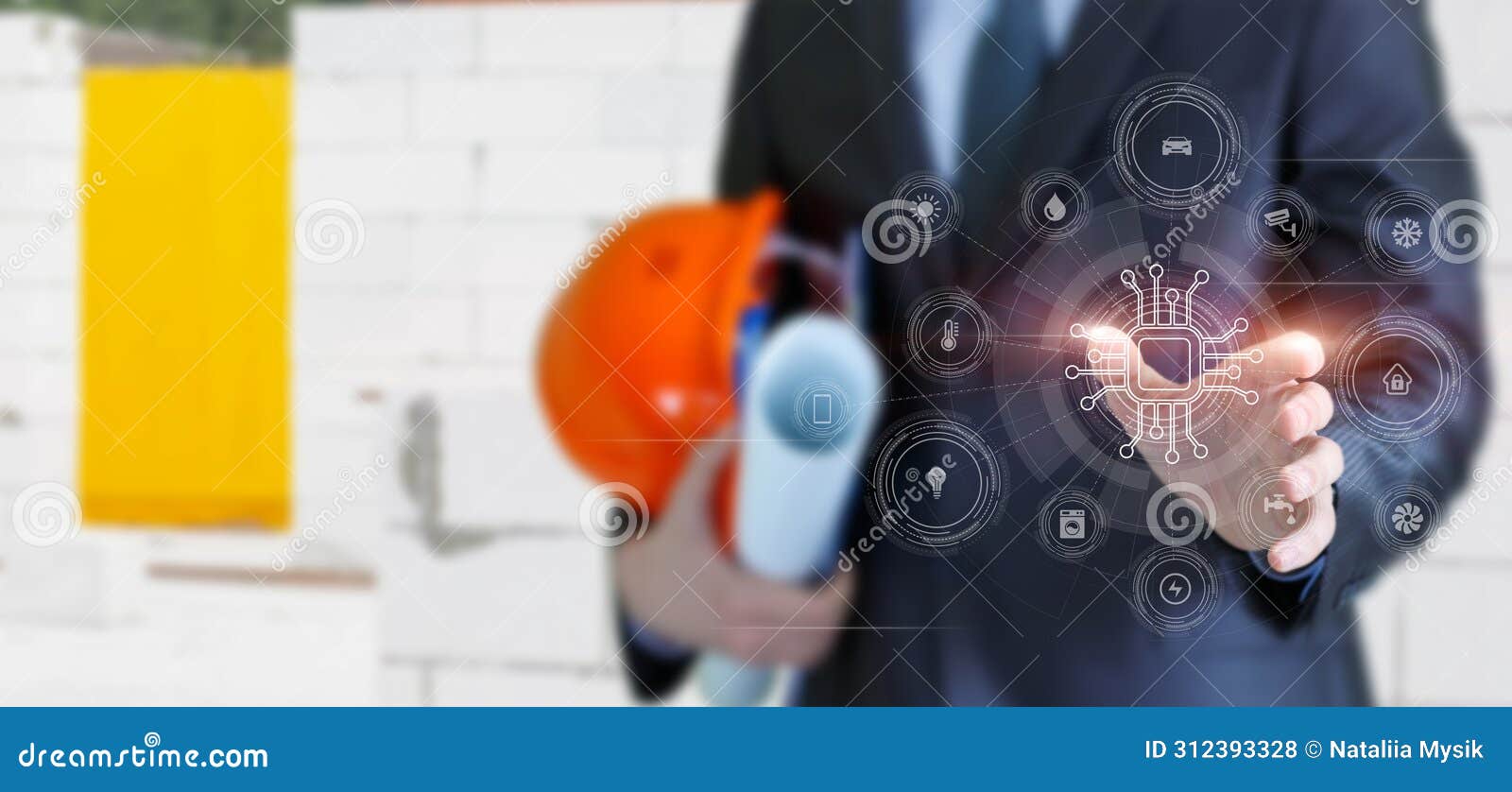 A Civil Engineer Works with a Smart Home on a Screen Stock Illustration ...