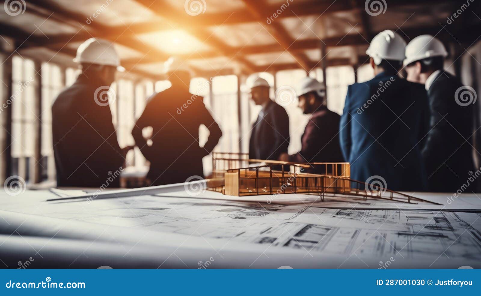 Two Architects Discussing Virtual Building Blueprints In A Cityscape ...