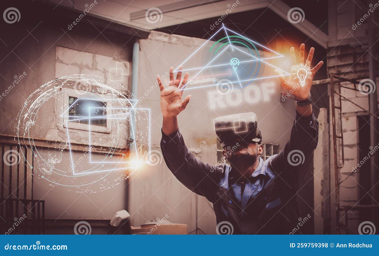 Civil Structure Engineer Wearing VR Virtual Reality Glasses To Analyze ...