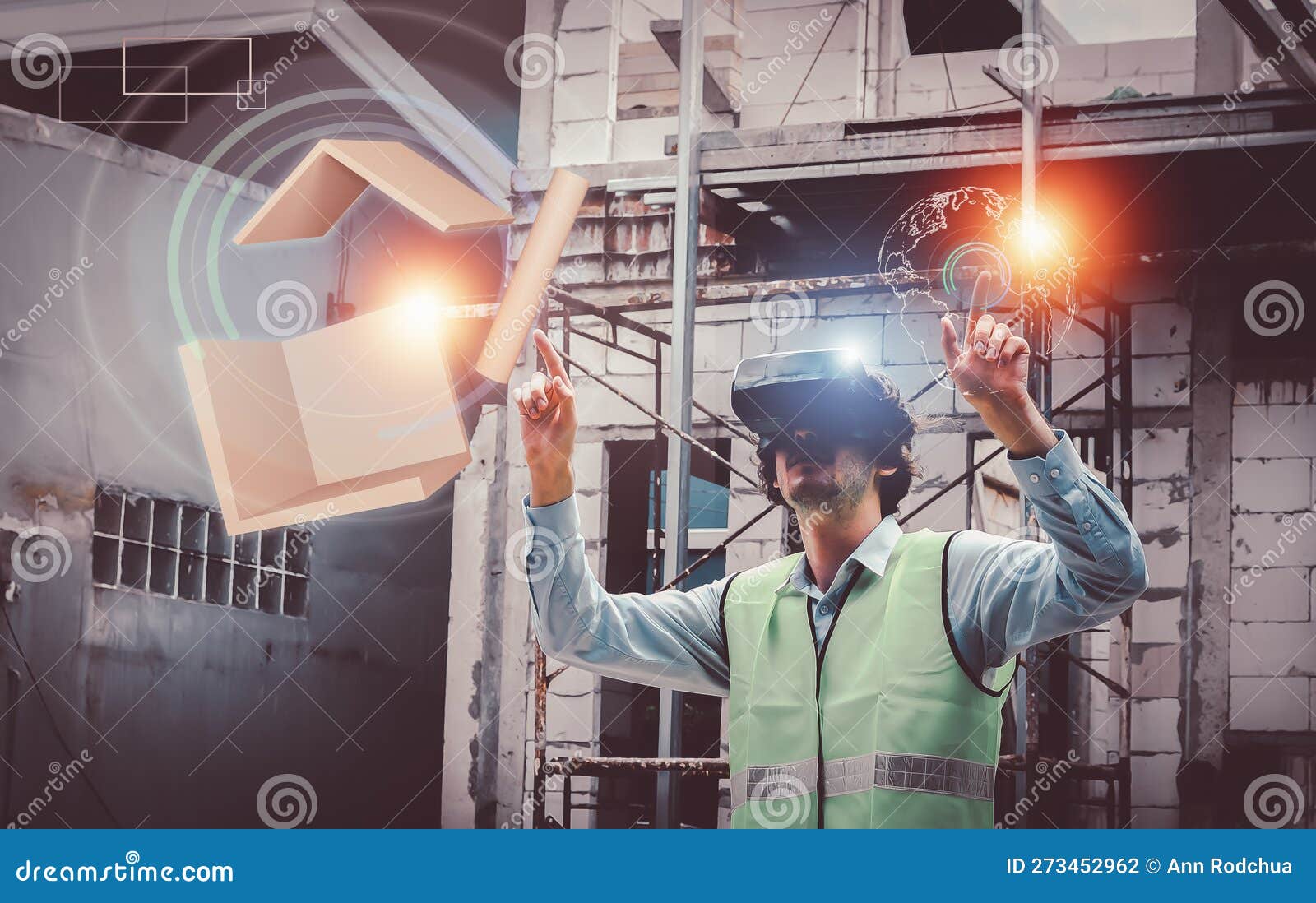 Civil Structure Engineer Wearing VR Virtual Reality Glasses To Analyze ...