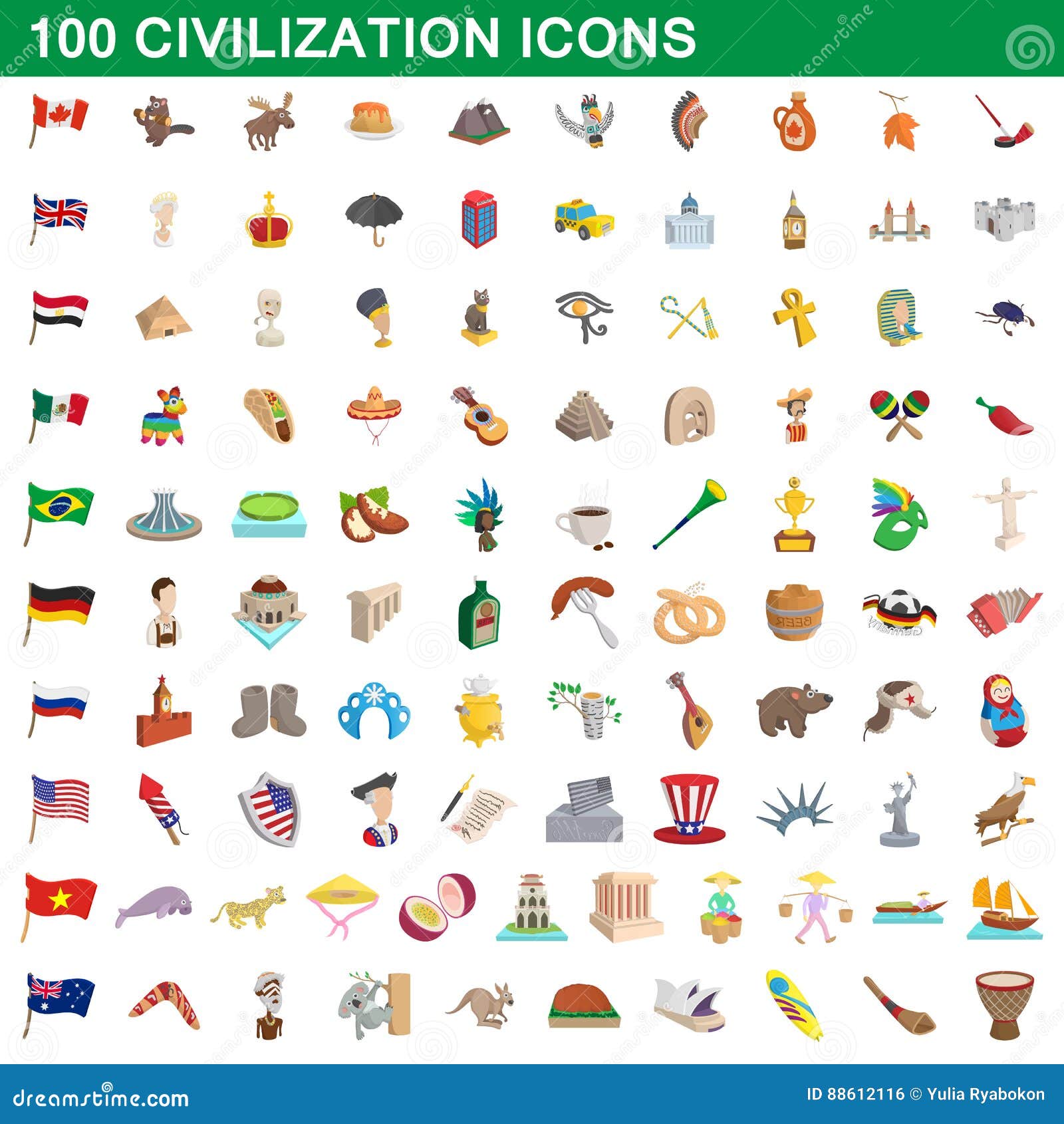 100 Civilization Icons Set, Cartoon Style Stock Vector - Illustration ...