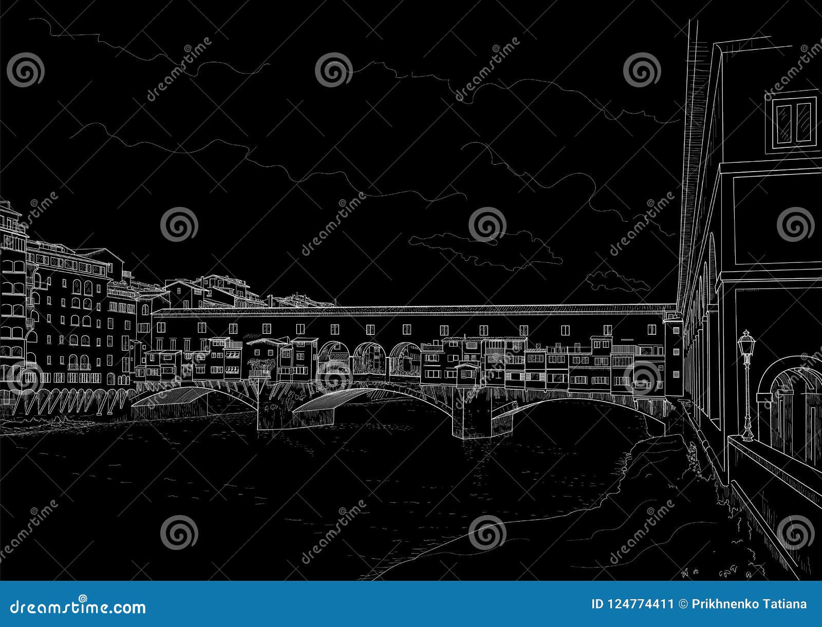 Cketch of the old bridge stock vector. Illustration of medieval - 124774411