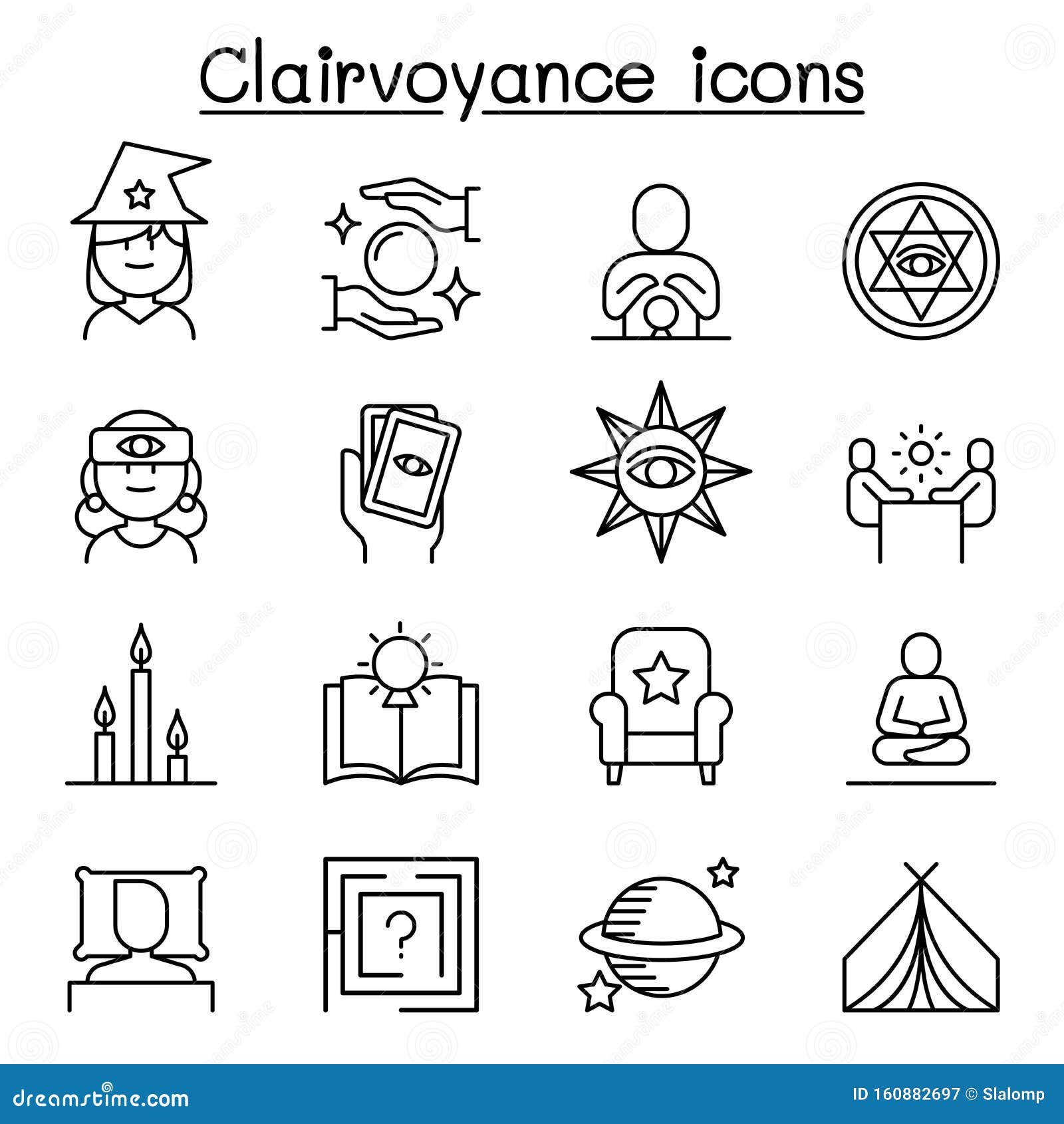 Clairvoyance, Fortune Teller Icon Set In Thin Line Style Cartoon Vector ...