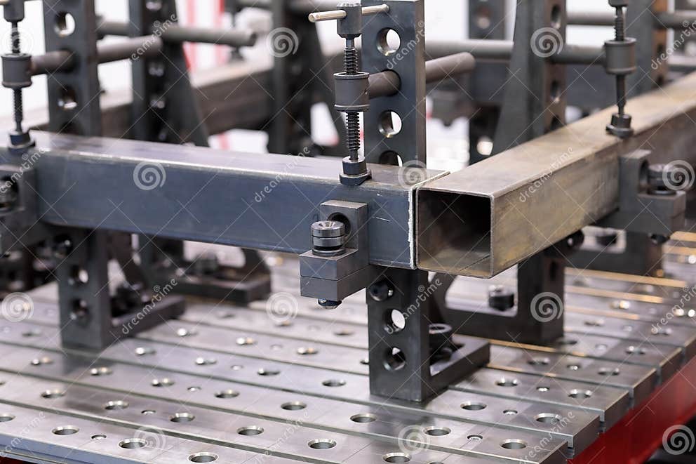 Clamps Fix the Workpieces on Slotted Welding Table Stock Photo - Image ...