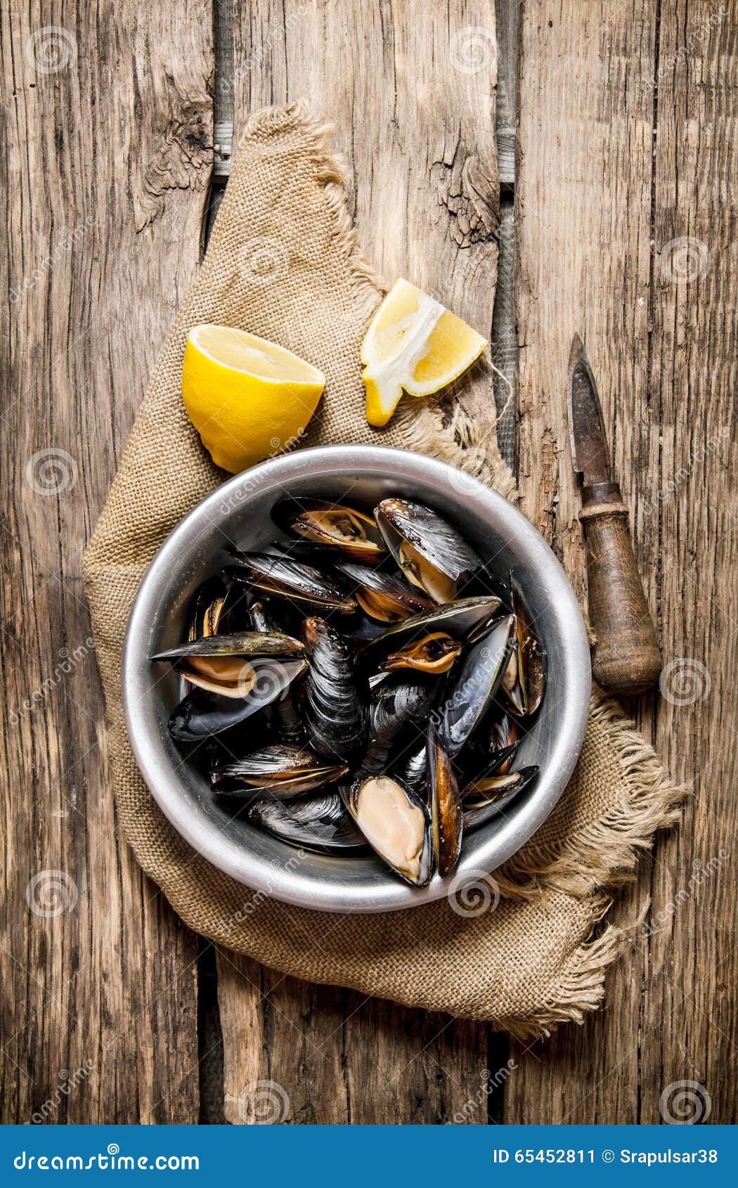 Clams in a Cup with Knife and Lemon on Old Fabric. Stock Image - Image ...