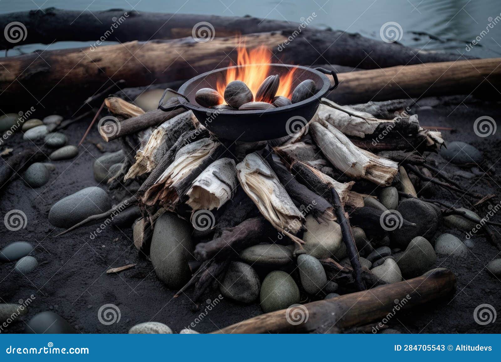 Clams Grilling on Open Fire, Surrounded by Driftwood Stock Illustration ...