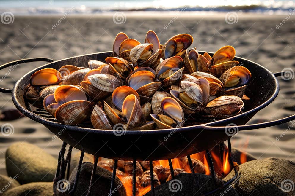 Clams Grilling on an Open Flame Beach Bbq Pit Stock Photo - Image of ...