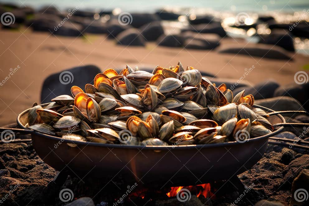 Clams Grilling on an Open Flame Beach Bbq Pit Stock Image - Image of ...