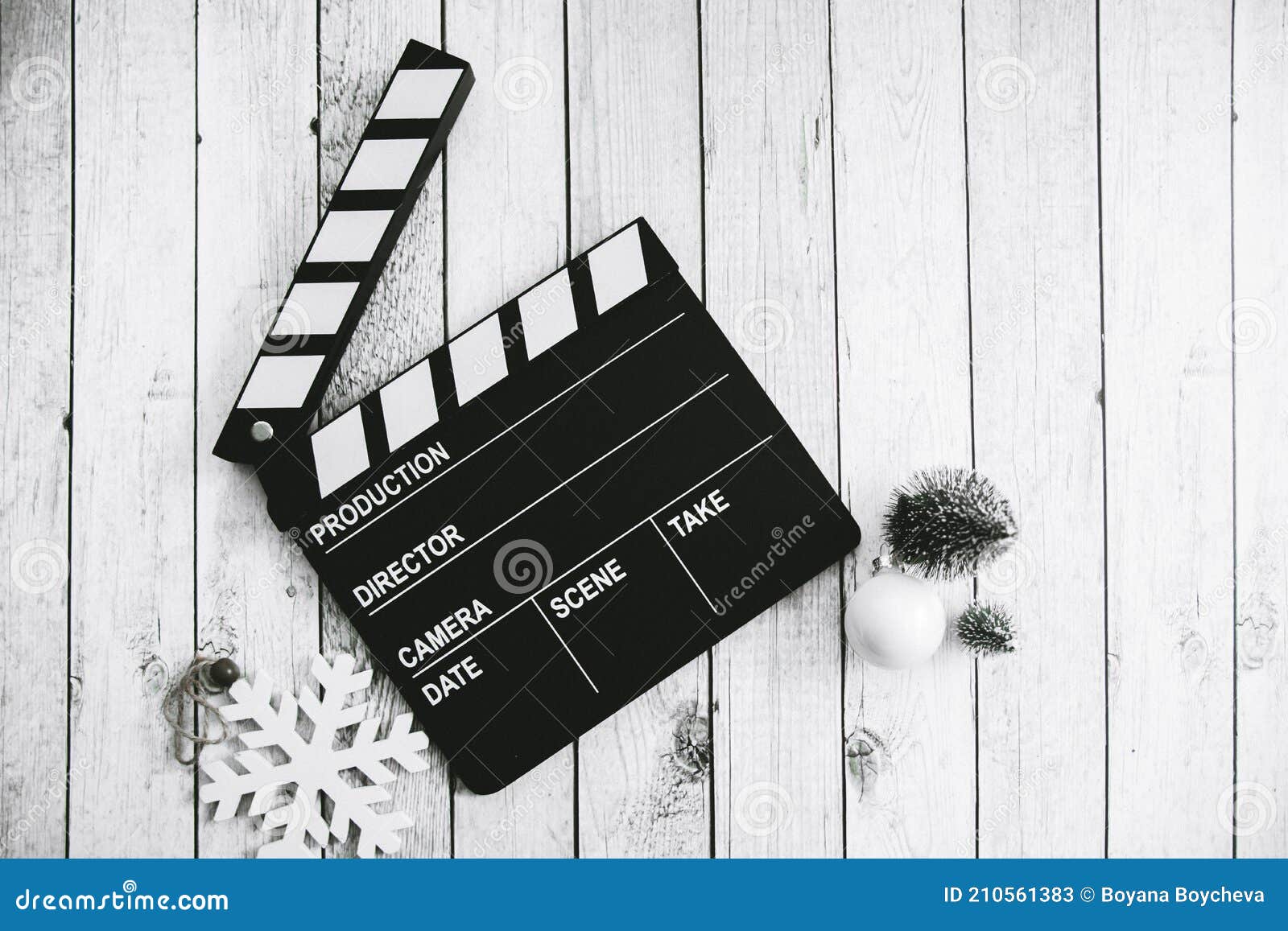 Clapper Board and Old Camera with Decorative Christmas Elements Stock ...