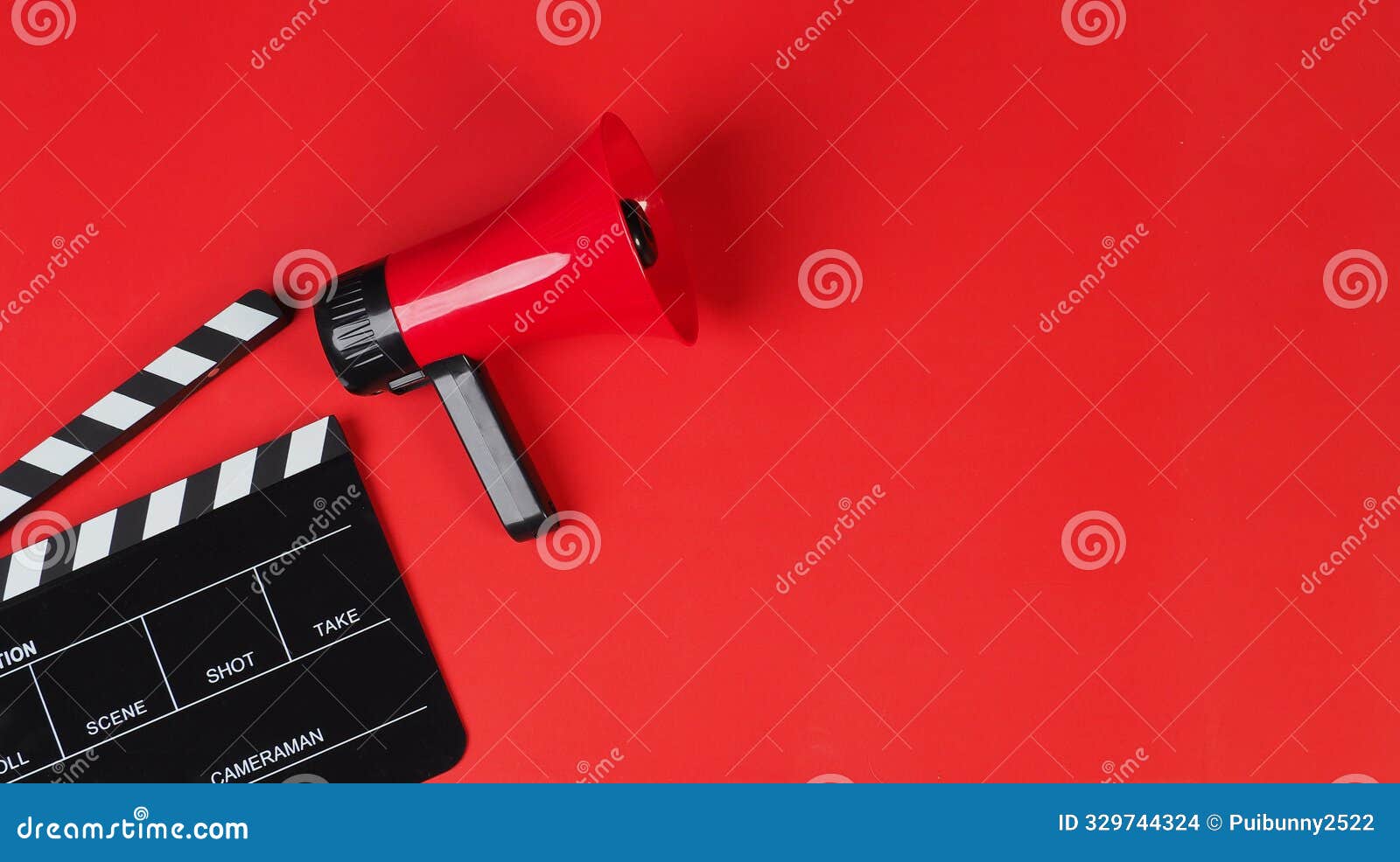 Clapper Board and Red Megaphone on Red Background Stock Photo - Image ...
