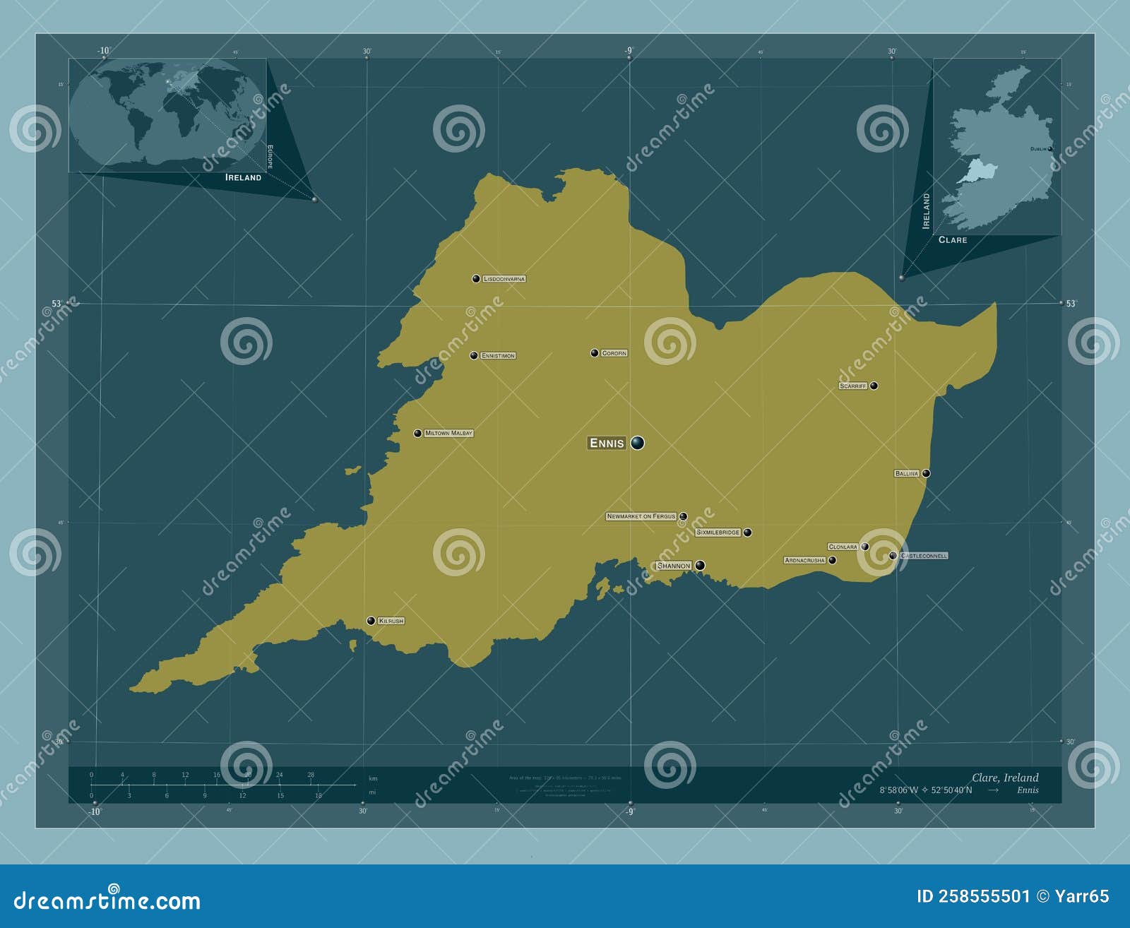 Clare, Ireland. Solid. Labelled Points of Cities Stock Illustration ...