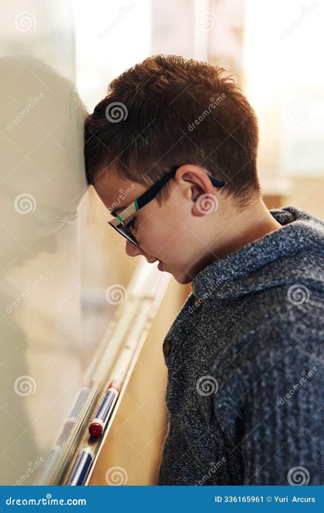 Class, Board and Frustrated Boy Kid with Math Problem Solving, Thinking ...