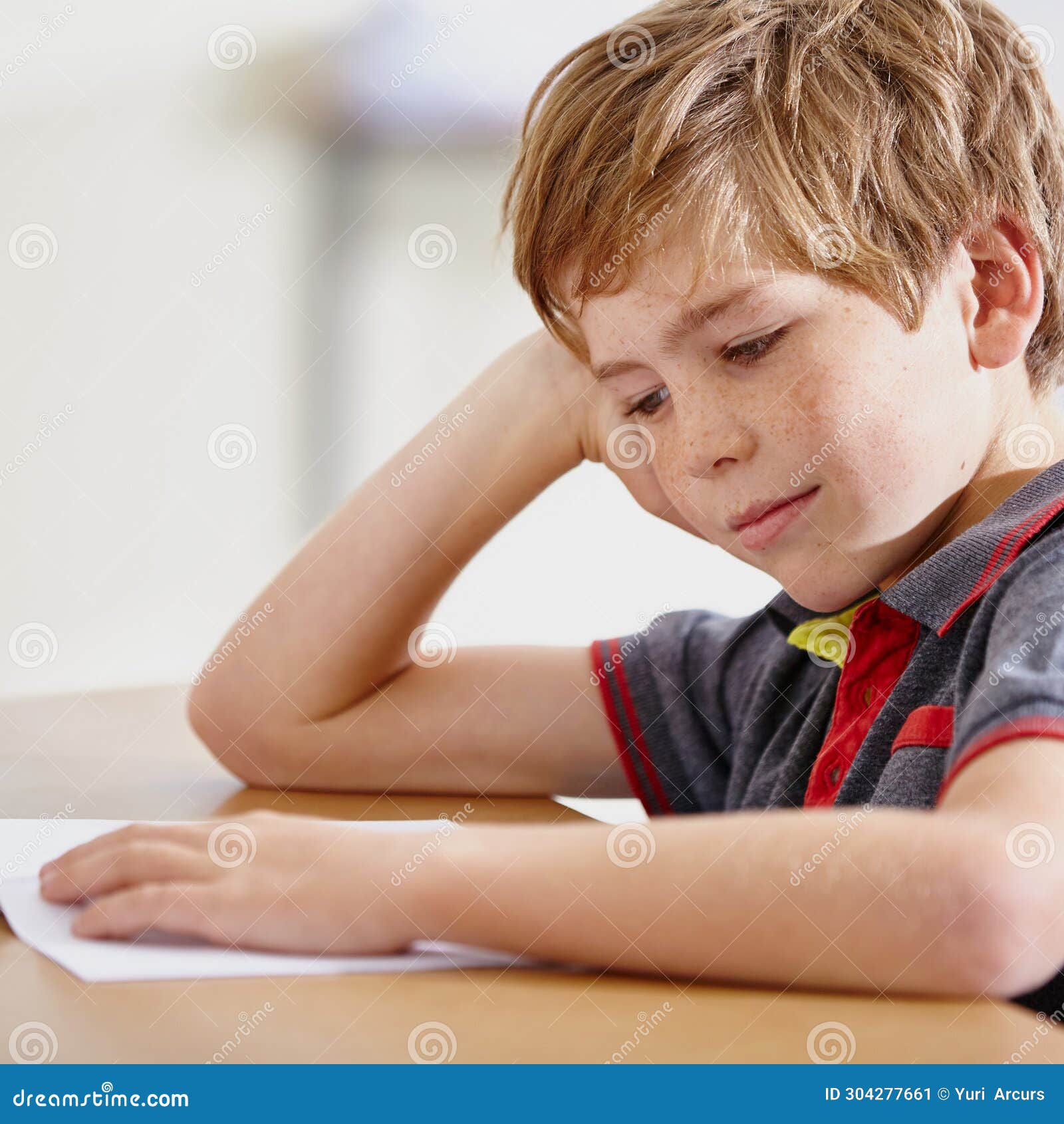 Class, Notebook and Bored Boy at Desk, Learning and Education with ...