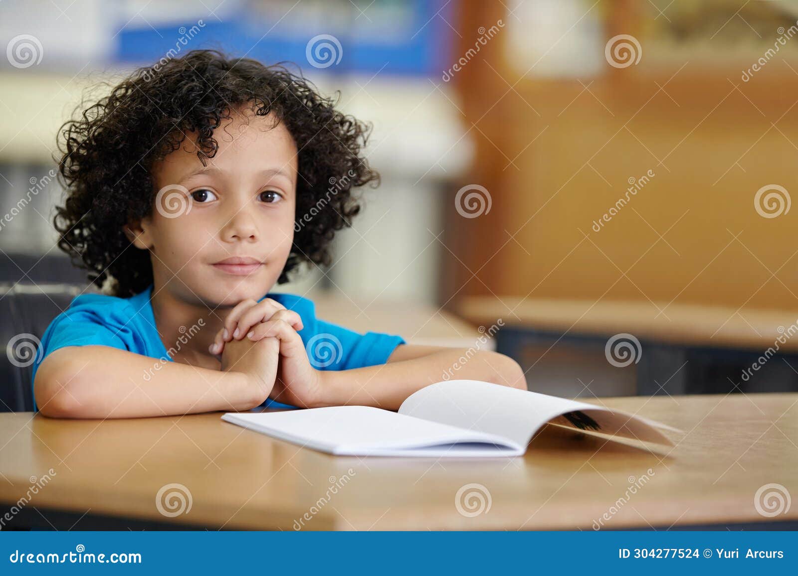 Class, Notebook and Portrait of Child at Desk, Learning and Education ...