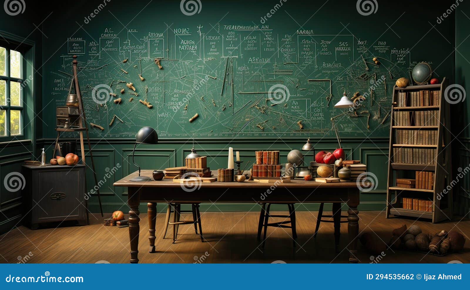 Class Room with Desks and Bookshelf with Written Board Stock ...