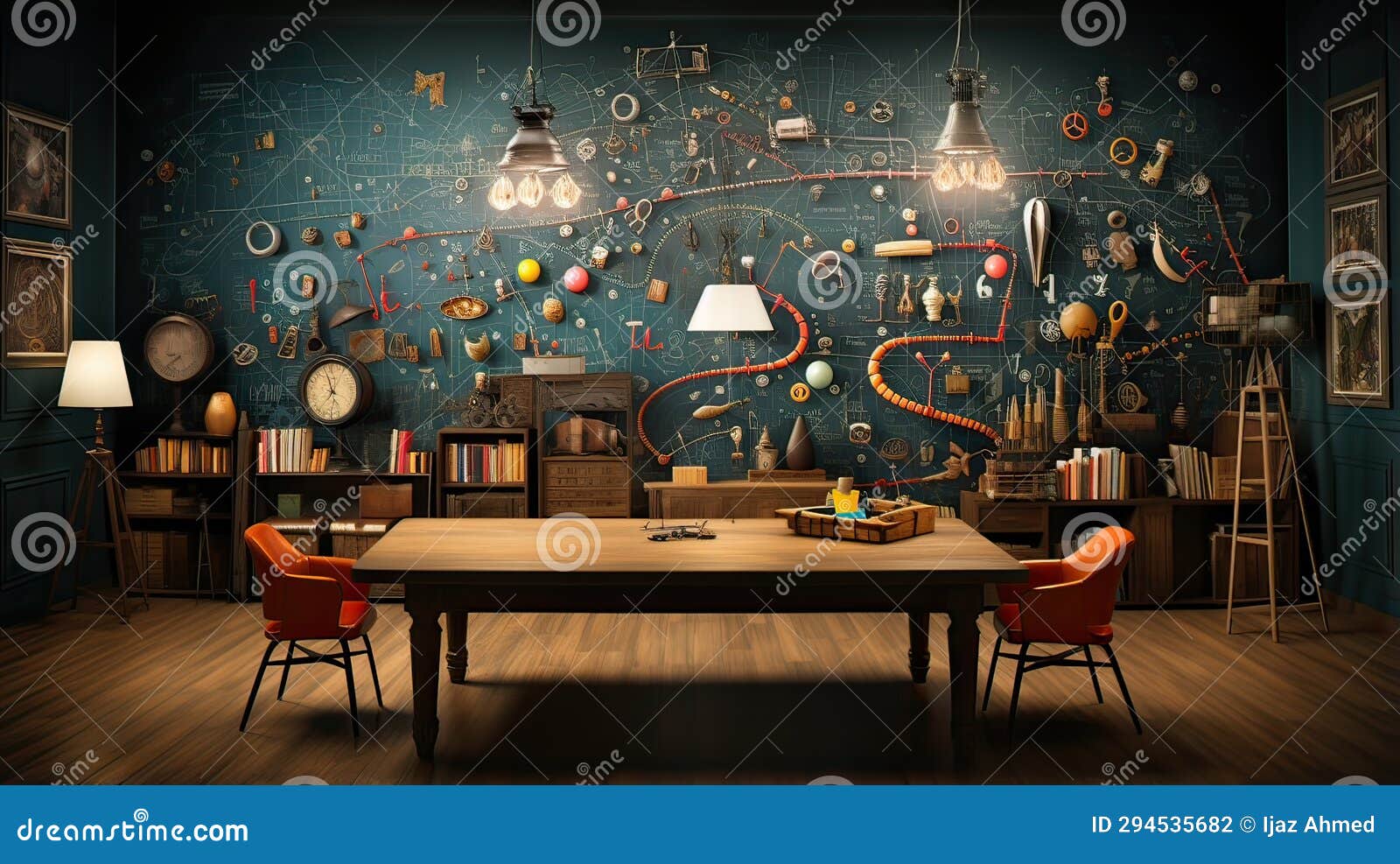 Class Room with Two Chairs and Desk with Bookshelf, Laddar and Lights ...