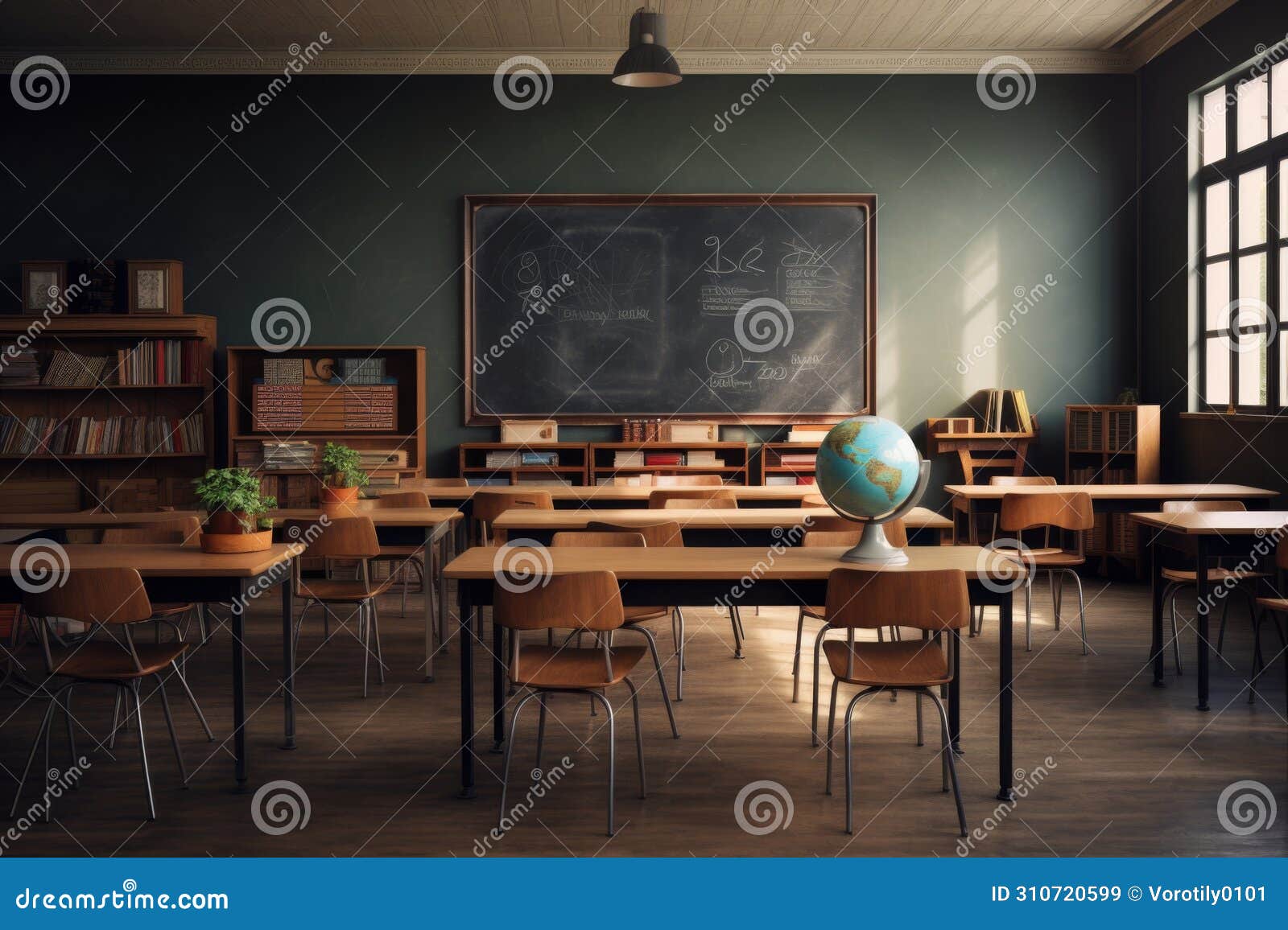 Class Room with Wooden Desks and Blackboard. School Class Room without ...