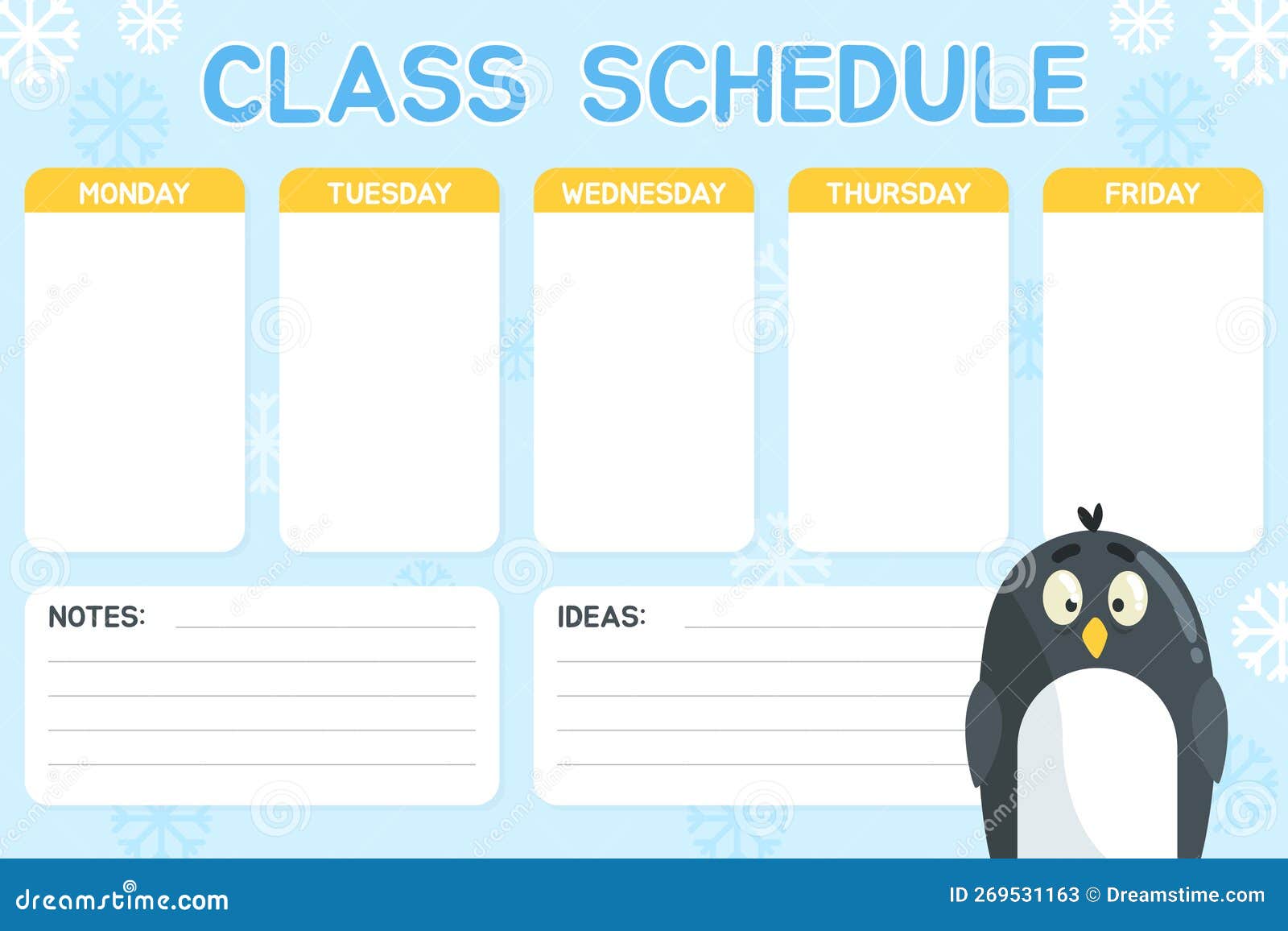 Class Schedule with Funny Cartoon Penguin Bird Near White Copy Space ...