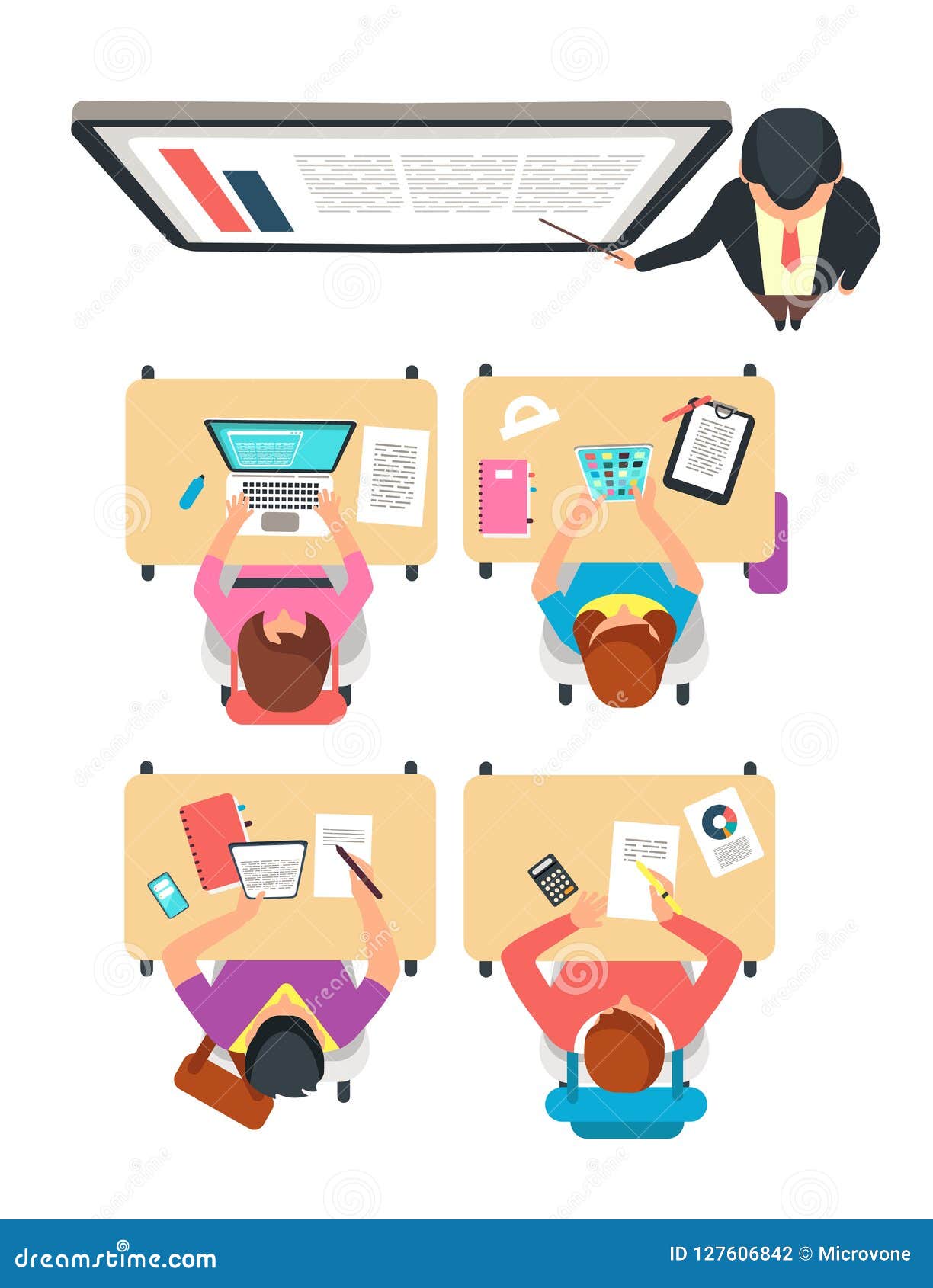 Class Top View. Students and Teacher Learning in College Classroom with ...