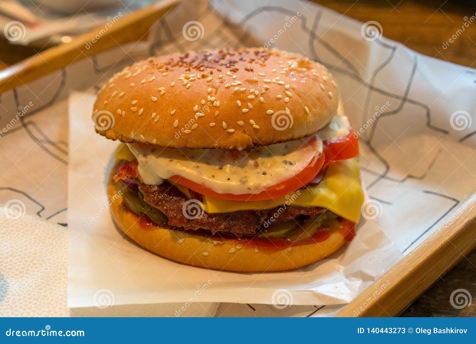 Classic American Burger on Wooden Base Stock Image - Image of rack ...