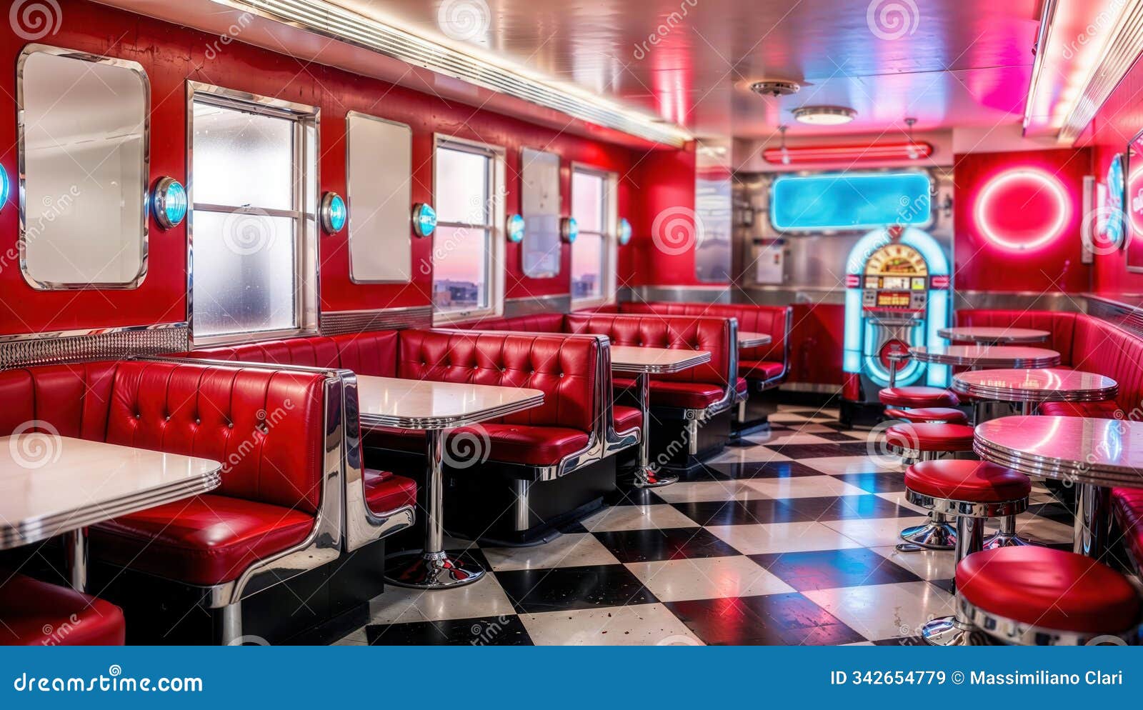 Classic American Diner Interior With Red Booths And Jukebox Royalty ...
