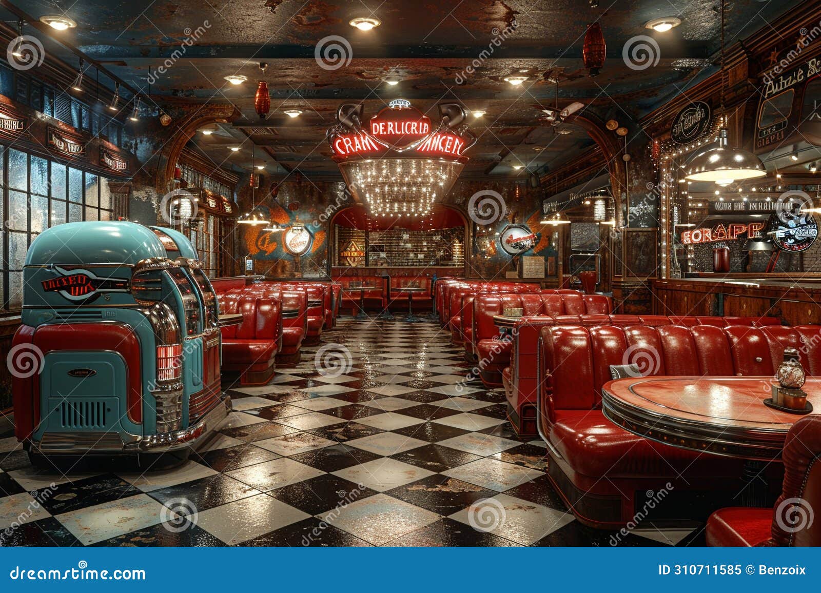 Classic American Diner with Red Leather Booths and a Jukebox3D Render ...