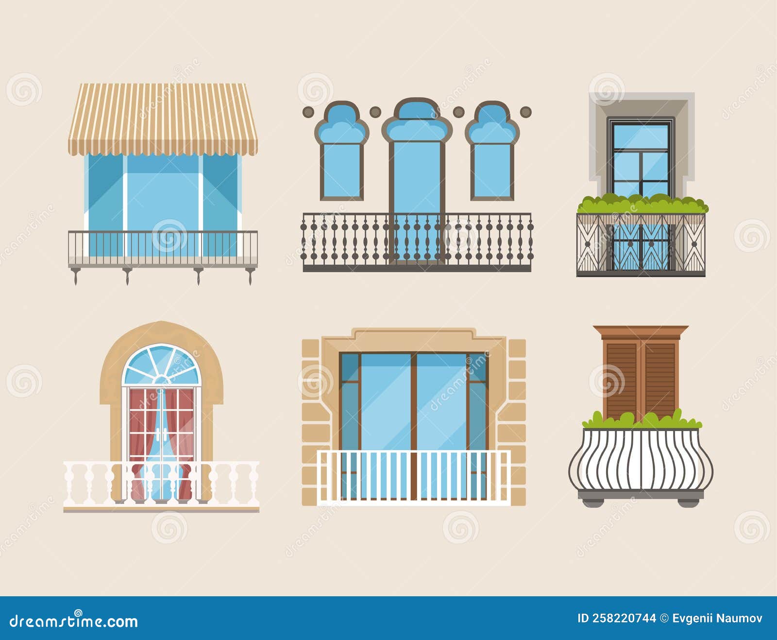 Classic Balconies with Doors and Windows Set. Architectural House ...