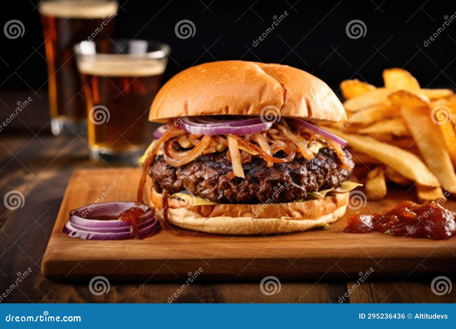Classic Beef Burger with Bbq Sauce and Chopped Onions Stock Photo ...