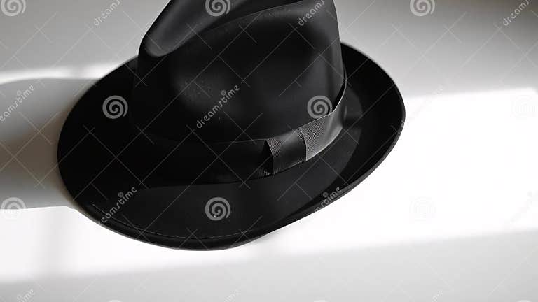 A Classic Black Fedora Hat Sits on a White Surface, Casting a Dramatic ...