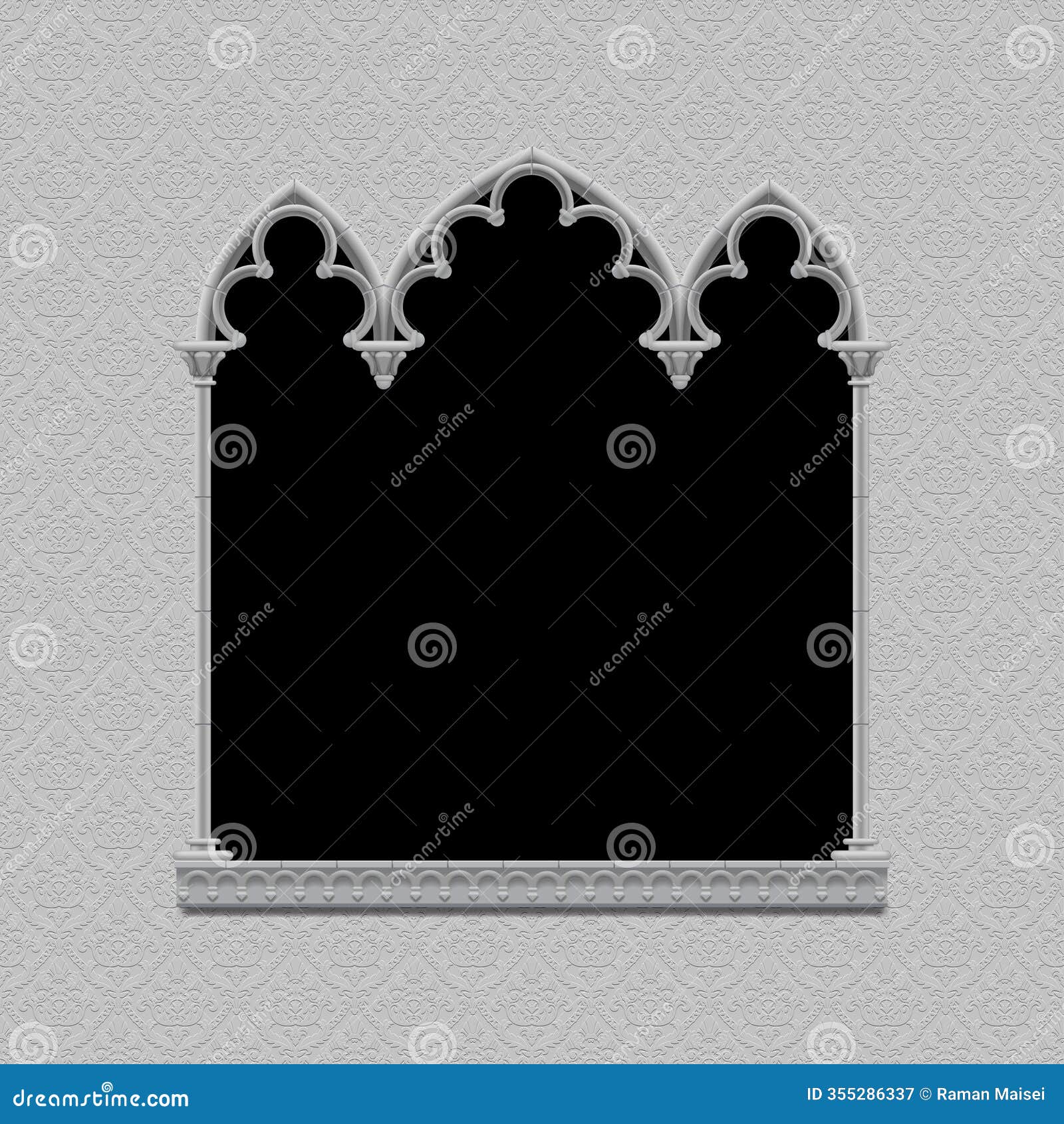 Classic Black Window in Gothic Decorative Frame on the Grey Ornamental ...